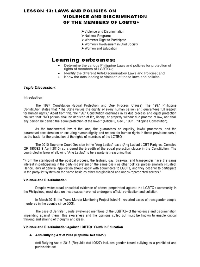 LESSON 13 - Laws and Policy On LGBTQ | PDF | Equal Protection Clause ...