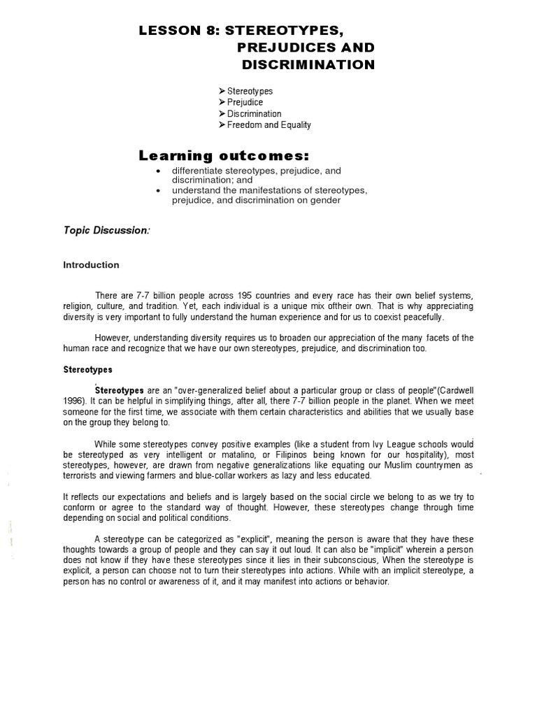 LESSON 8 - Stereotypes, Prejudice, and Discrimination | PDF ...