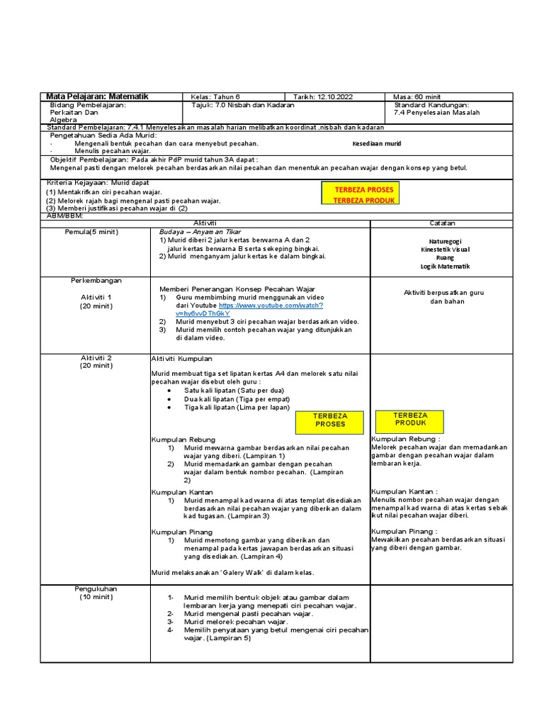 RPH Pedagogi Terbeza Matematik Tahun 3 - Pecahan | PDF