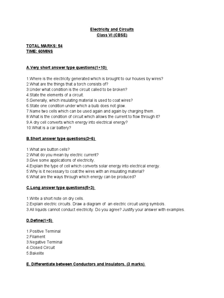Electricity and Circuits.6th - CBSE | PDF