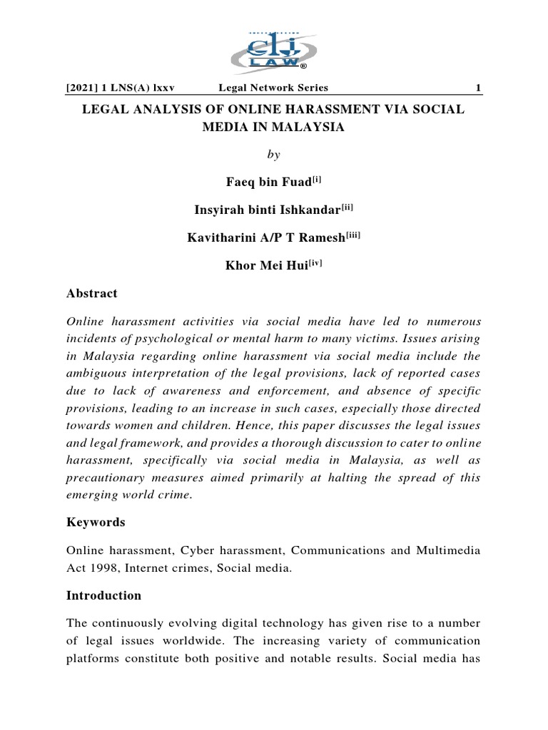Legal Analysis Of Online Harassment Via Social Media In Malaysia