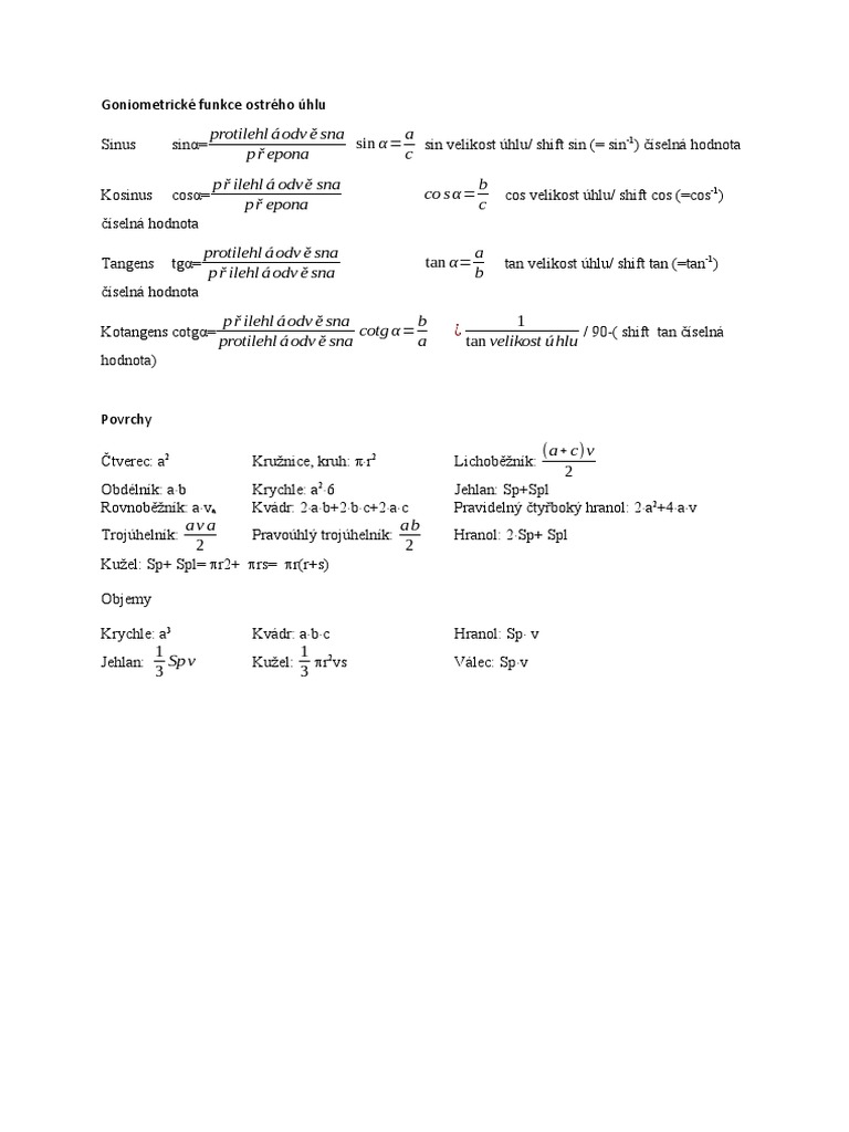 Goniometrické funkce ostrého úhlu | PDF