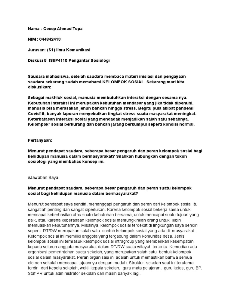 Diskusi 5 ISIP4110 Pengantar Sosiologi UT Cecep Ahmad Topa | PDF