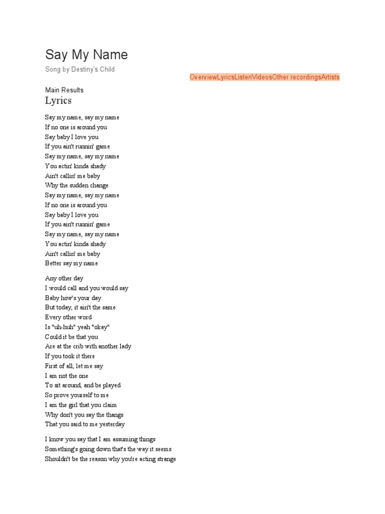 Say My Name | PDF | Rhythm And Blues Songs | American Pop Songs