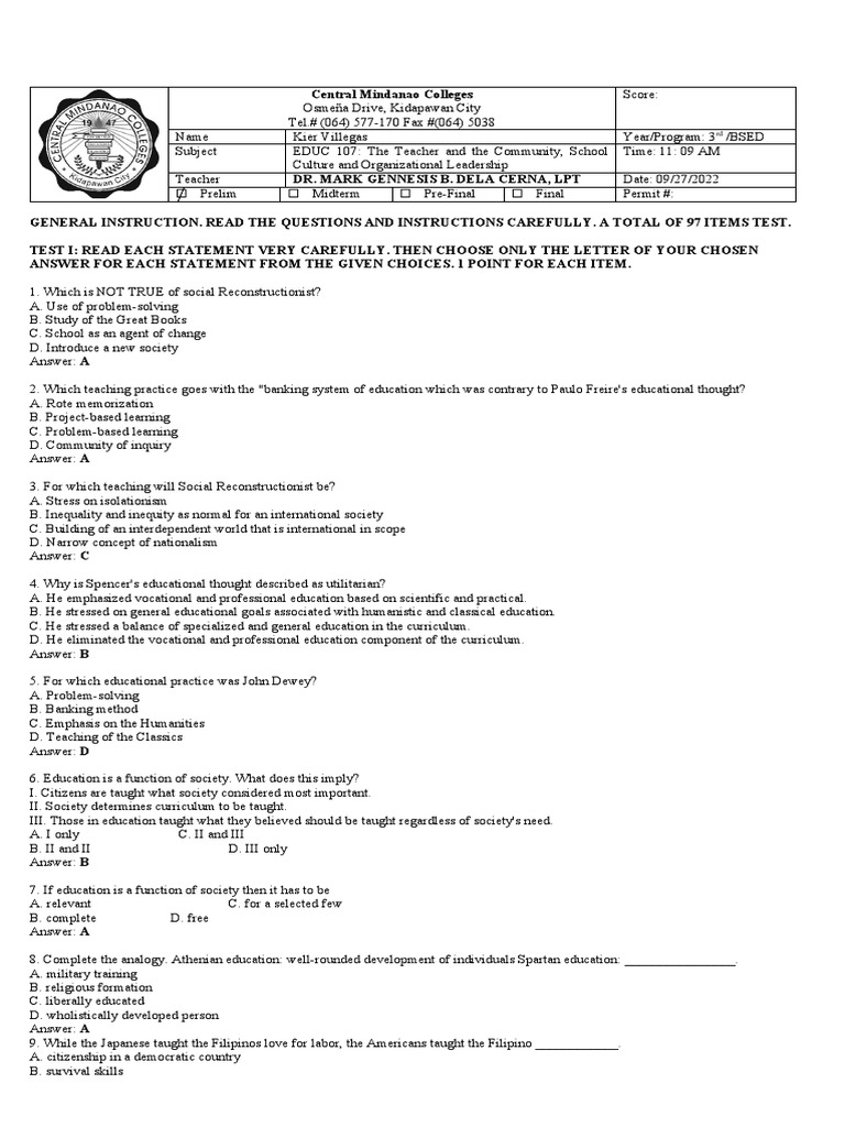 Prelim Exam | PDF | Pedagogy | Philosophy Of Education