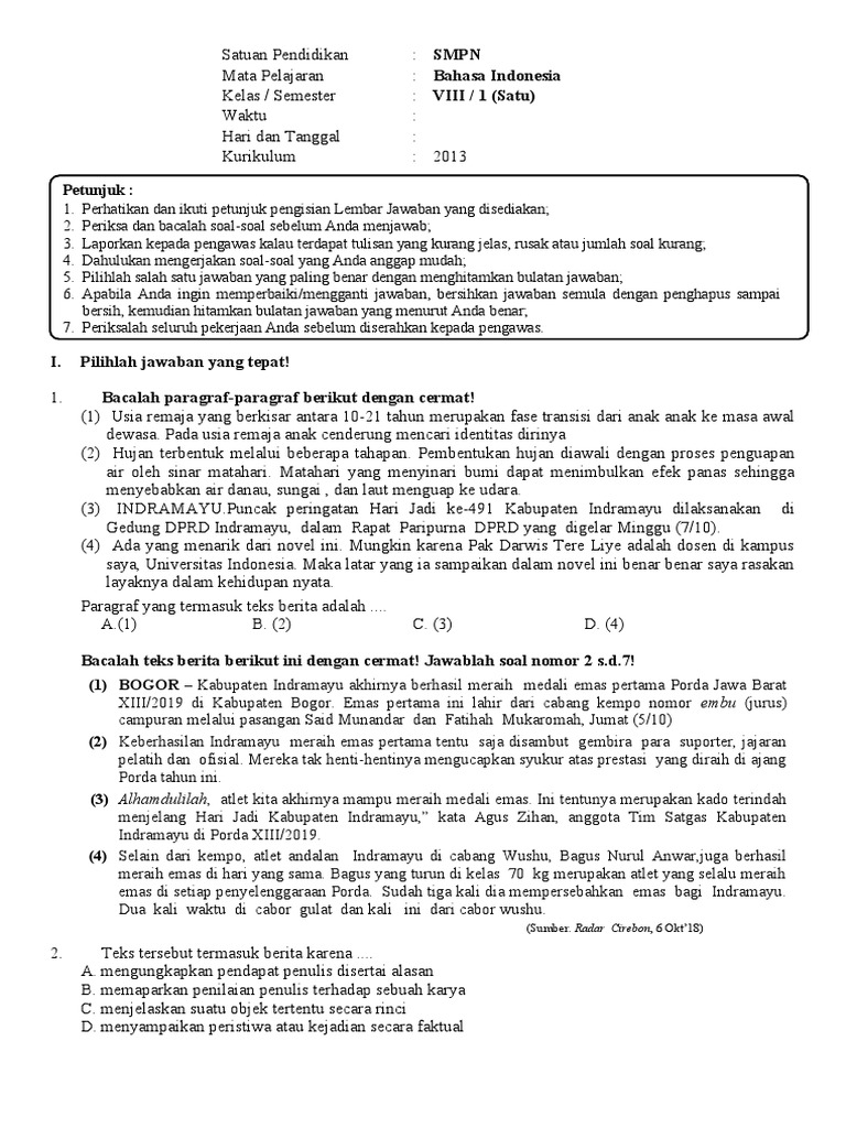 Soal PAS B.indo Kelas 8 K13 | PDF