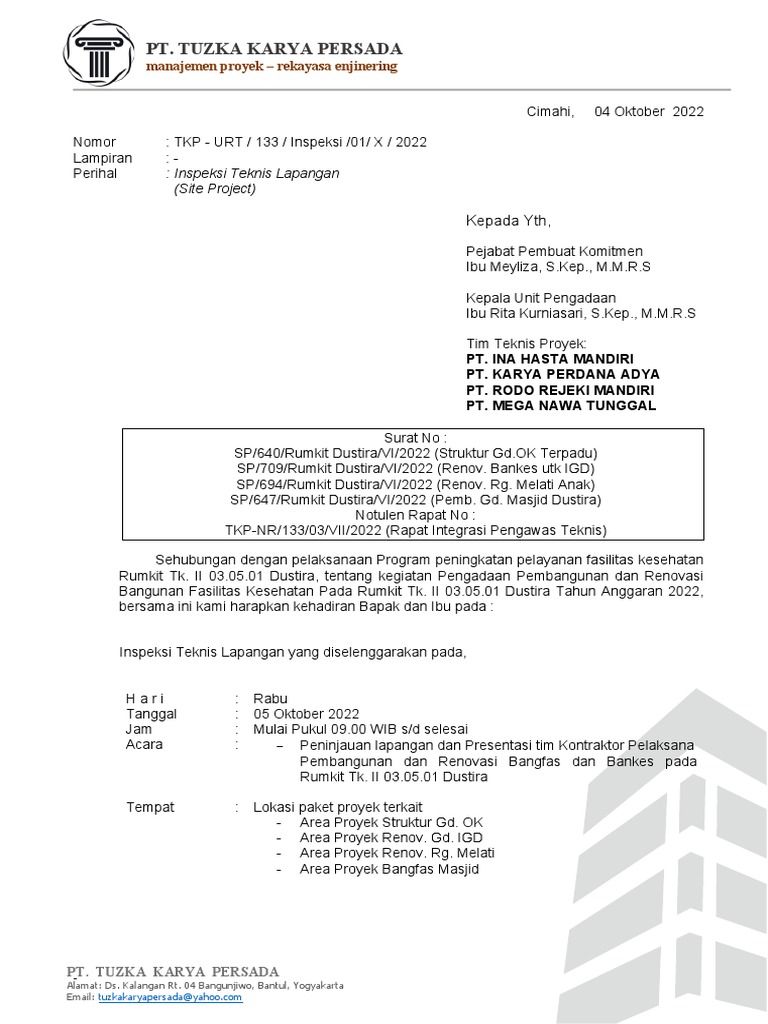 Surat Undangan Inspeksi Proyek Rs. Dustira - 04.10.22 | PDF