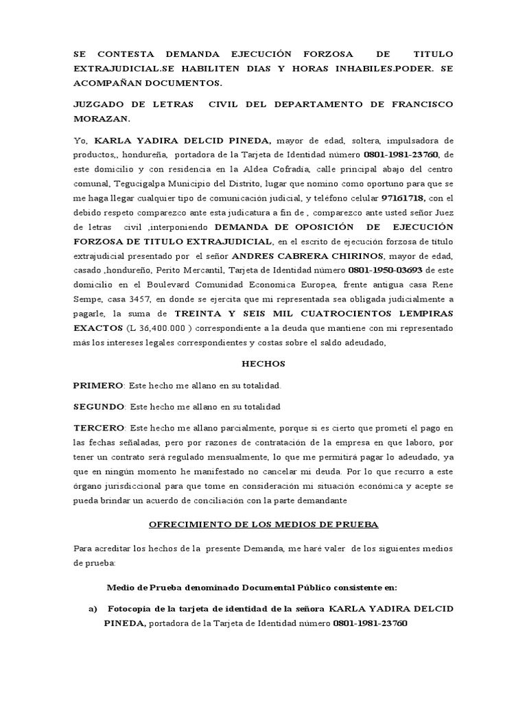 Se Contesta Demanda Ejecución Forzosa de Titulo Extrajudicial | PDF Se Contesta Demanda Ejecución Forzosa de Titulo Extrajudicial | PDF