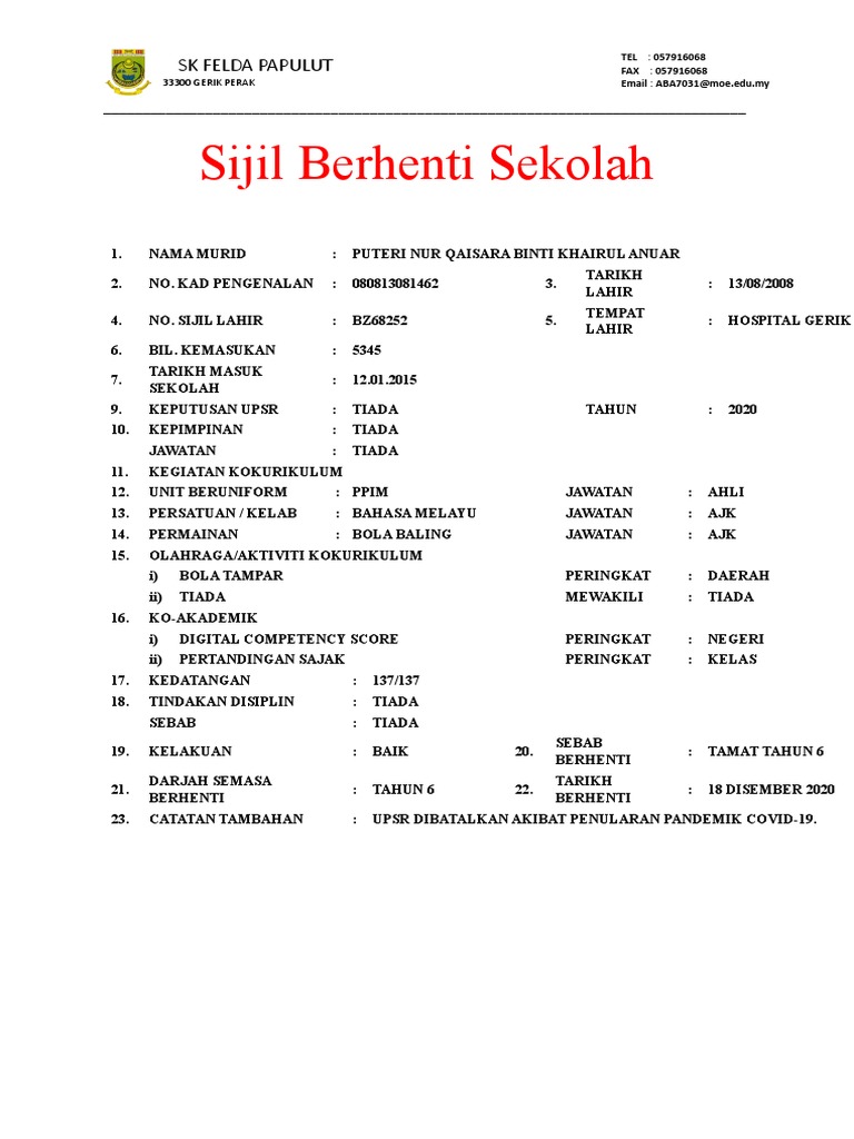 Sijil Berhenti Sekolah | PDF