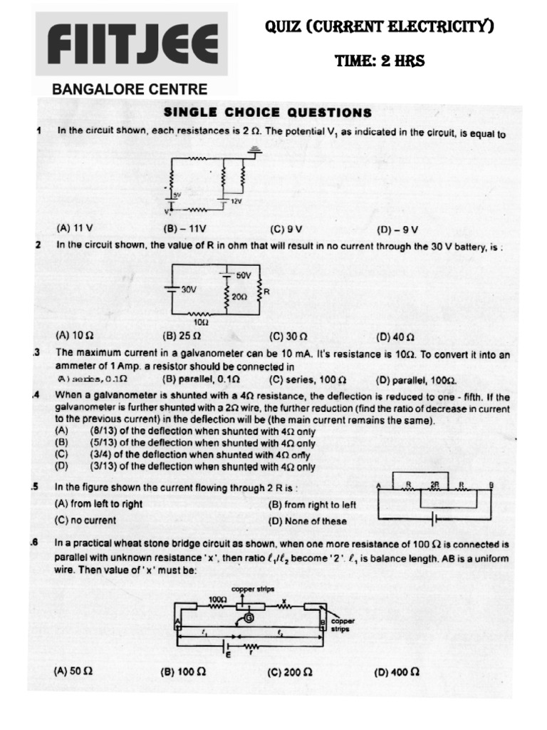 Quiz (Current Electricity) Time: 2 HRS | PDF