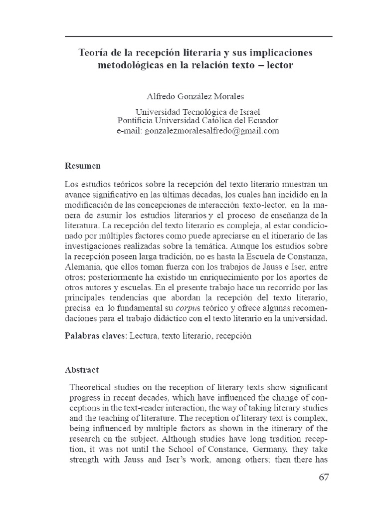 Vista de Teoría de La Recepción Literaria y Sus Implicaciones Metodológicas en La Relación Texto ...