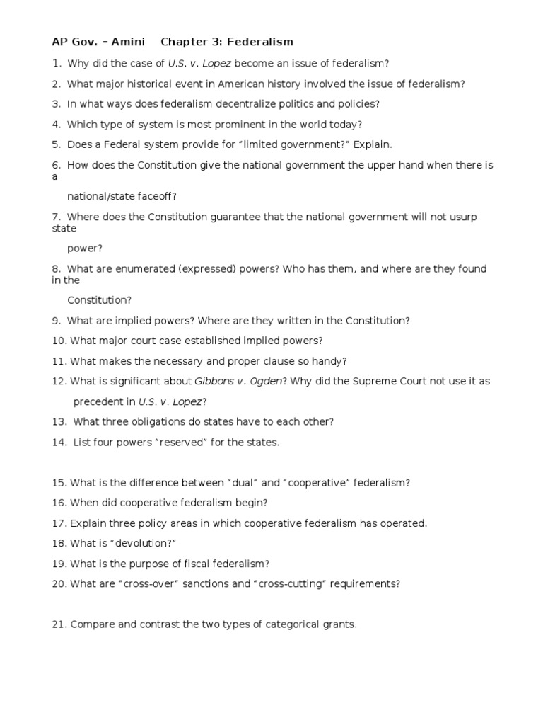 AP Gov. - Amini Chapter 3: Federalism | PDF | Federalism | Government ...
