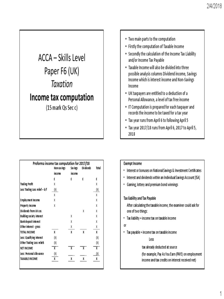 ACCA - Skill Level Paper - F6 (UK) Income Tax Computation | PDF