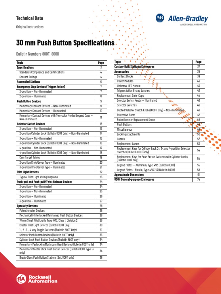 A-B 800T & 800H PilotLight Push Buttons Data Sheet | PDF