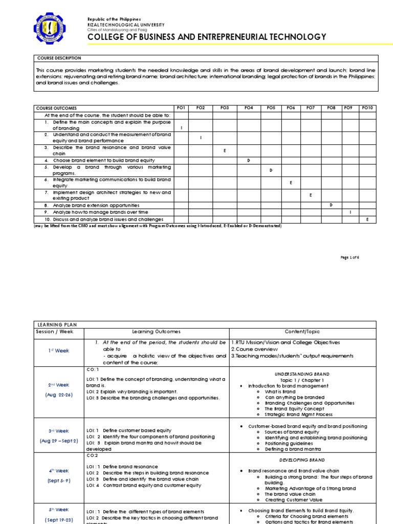 Revised Course Outline MM ELEC101 Brand MGMT | PDF | Brand | Marketing