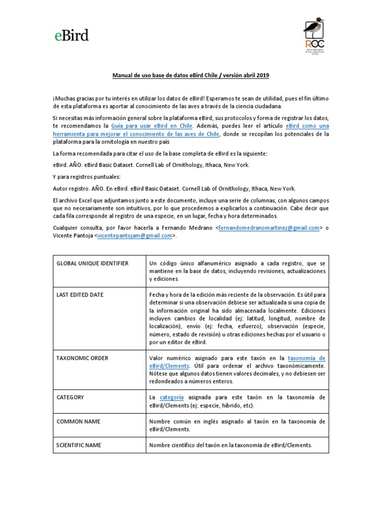 Manual de Uso Base de Datos Ebird Chile Version Abril 2019 | PDF | Aves | Taxonomía (biología)