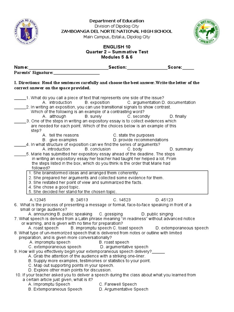 Q2 G10 English Summative Test Modules 5 6 | PDF | Essays | Linguistics