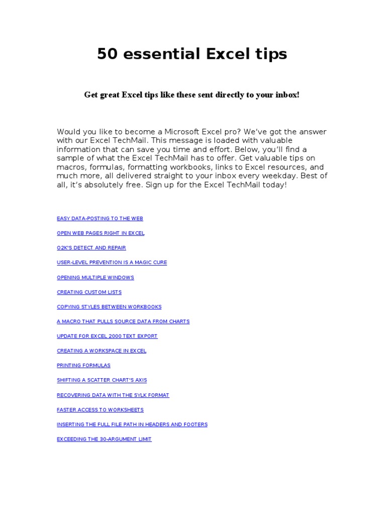 50 Essential Excel Tips | PDF | Microsoft Excel | Visual Basic For ...