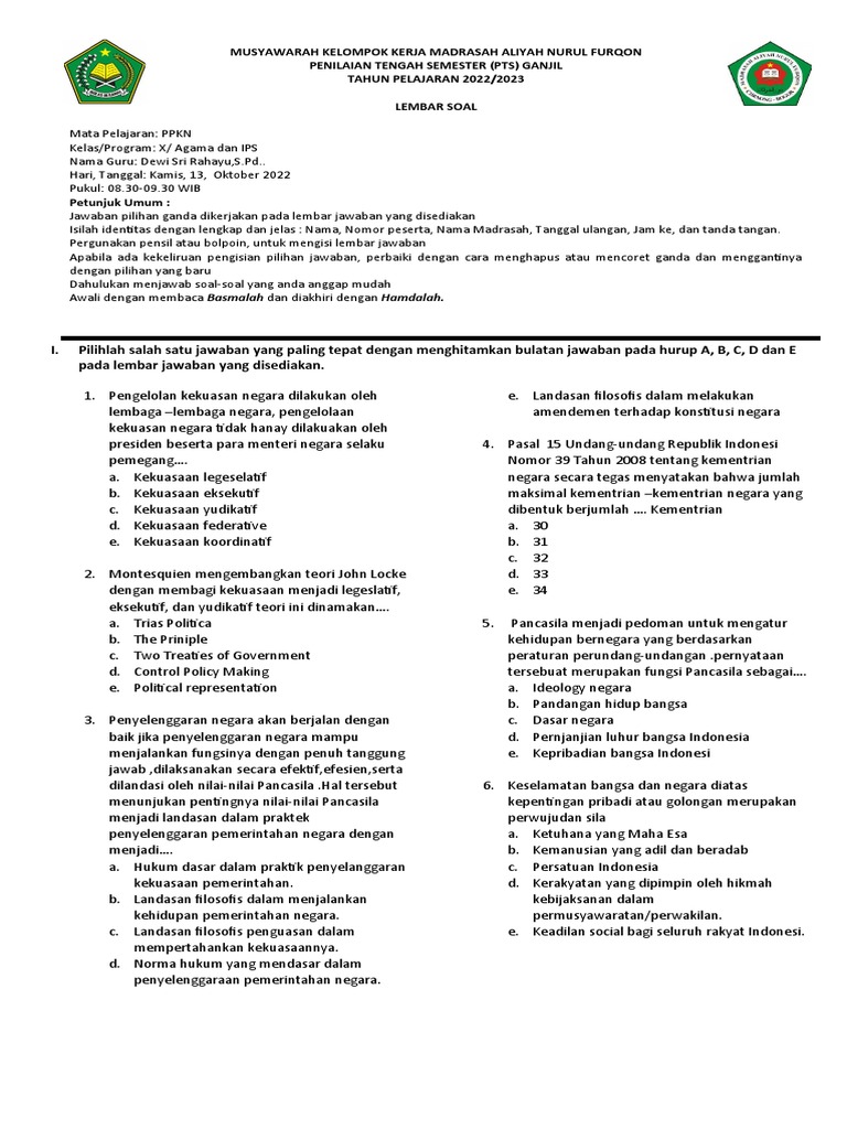 Soal PKN PTS Ganjil 2022 | PDF