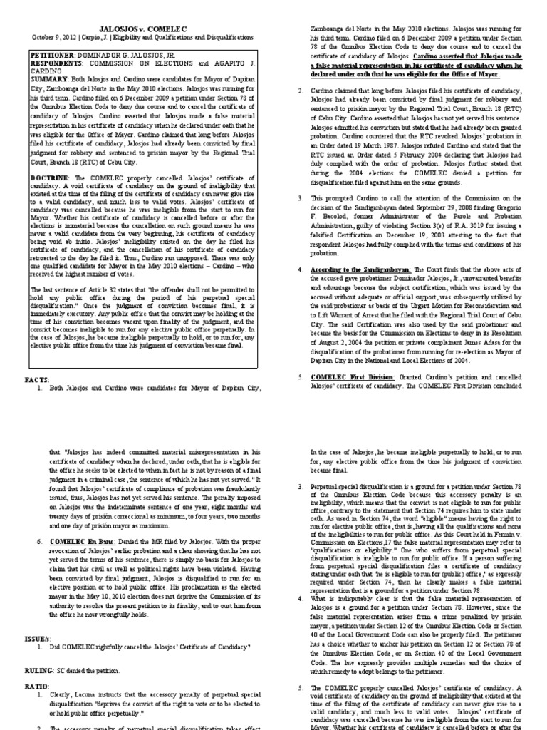 Jalosjos v. COMELEC | PDF | Probation | Justice Jalosjos v. COMELEC | PDF | Probation | Justice