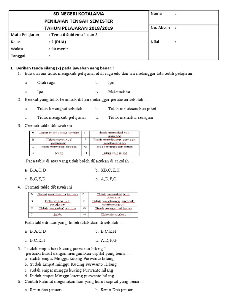 PTS KELAS 2 (Tema 6 Subtema 1 Dan 2) | PDF