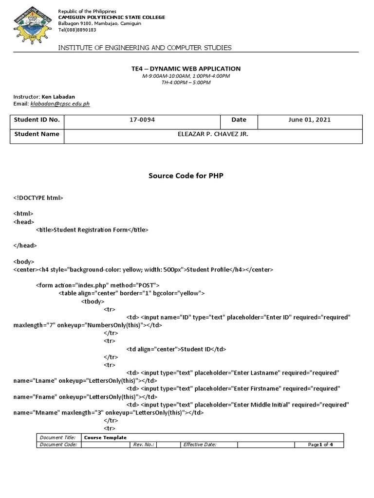 Activity 1 Student Registration Form | PDF | Software Engineering | Information Technology ...