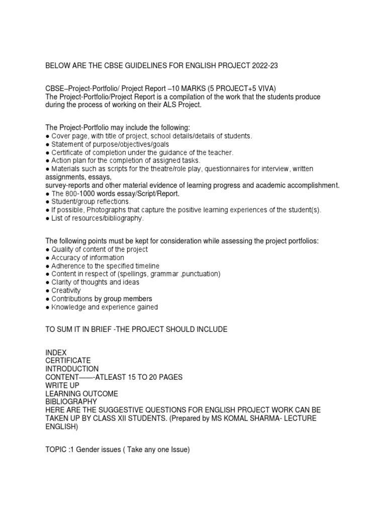 CBSE Class 12 English Project Guidelines | PDF | Karma | Emotions