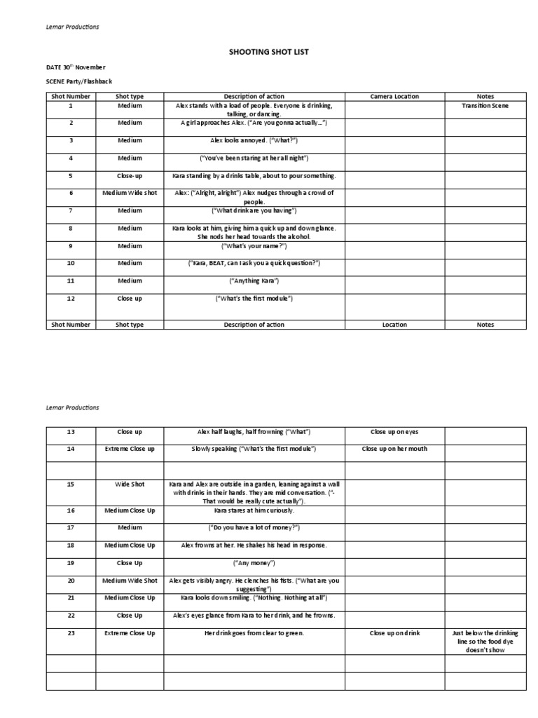 Shooting Shot List 2 Yas | PDF