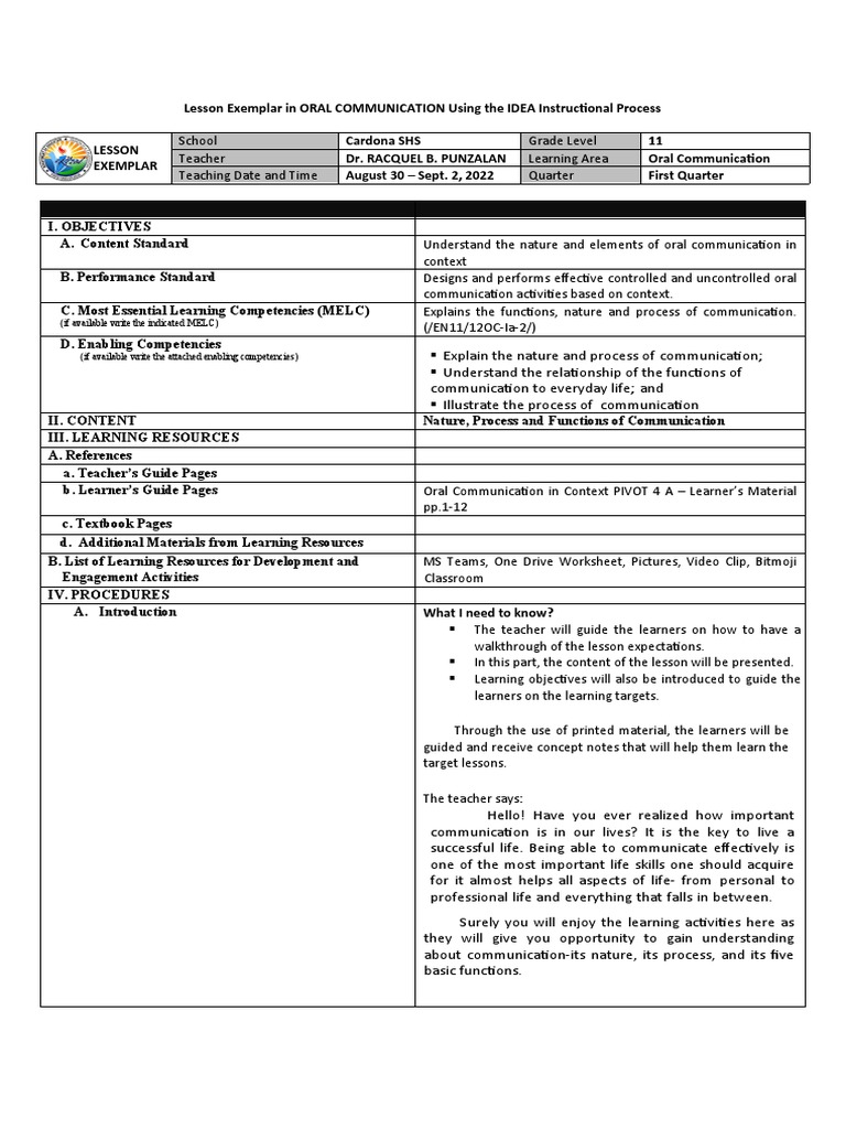 Oral Communication Lesson Plan Exemplar | PDF | Learning | Communication