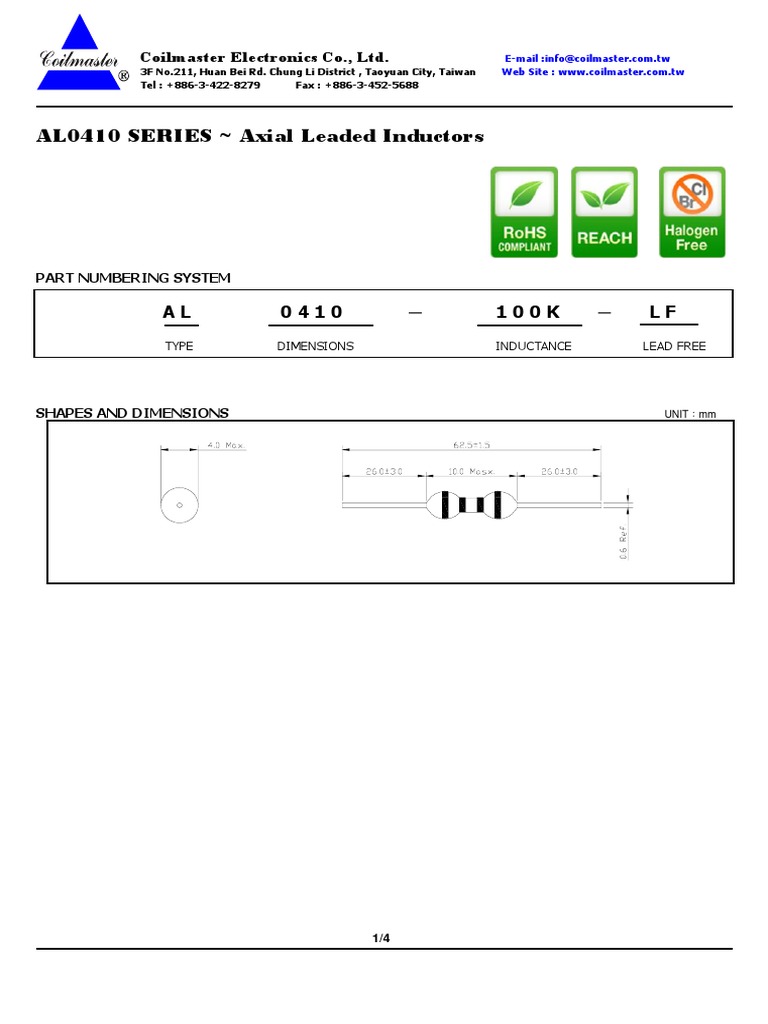 AL0410 SERIES Axial Leaded Inductors | PDF