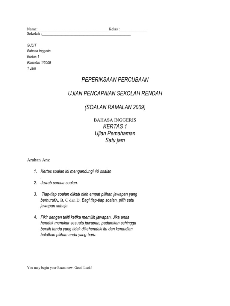 Percubaan Upsr English Paper 1 | PDF