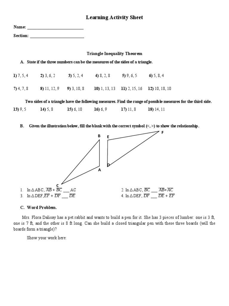Triangle Inequality Theorem Worksheet | PDF | Triangle | Angle