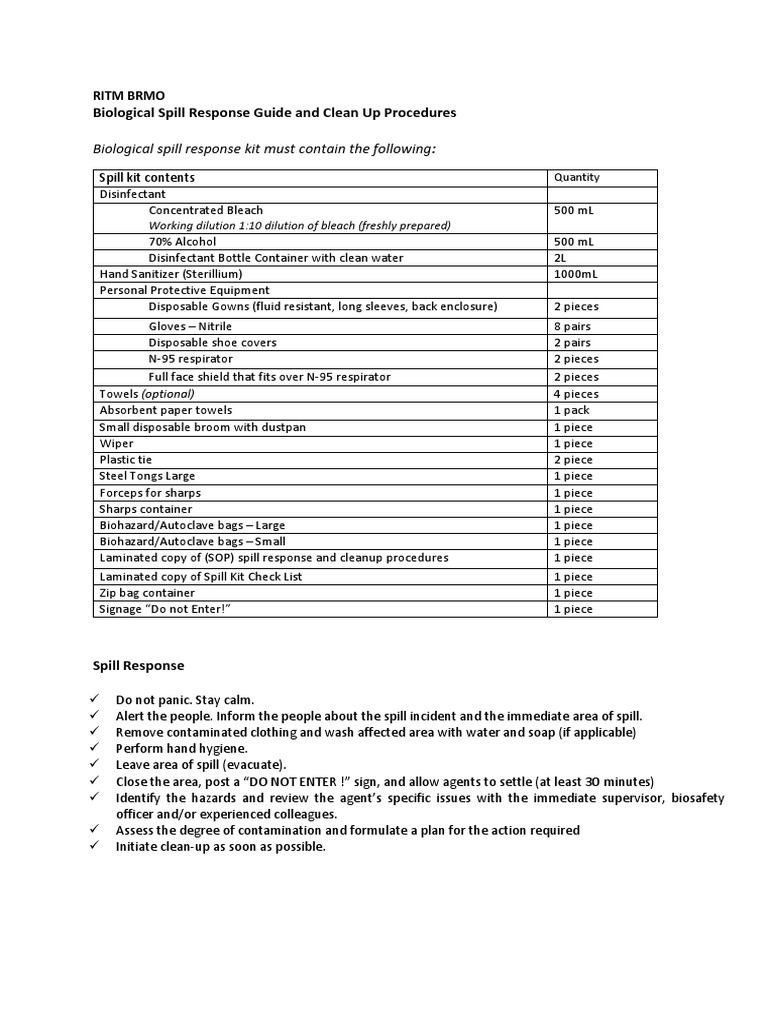 Biological Spill Kit Contents Guide | PDF | Disinfectant | Personal ...