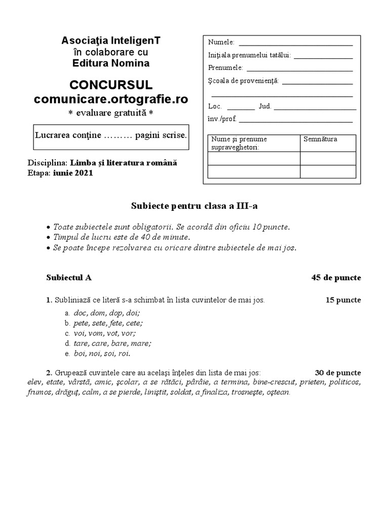 Foaie Concurs Comunicare Clasa 3 2021 | PDF