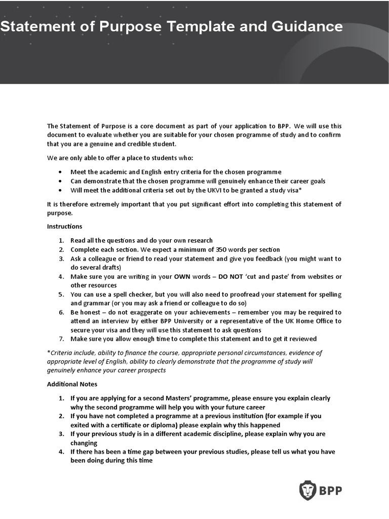 Statement of Purpose Guidance & Template - Fillable Text | PDF