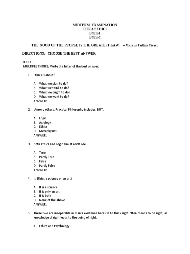 Midterm Exam. in Ethics | PDF | Metaphysics | Philosophical Theories Midterm Exam. in Ethics | PDF | Metaphysics | Philosophical Theories