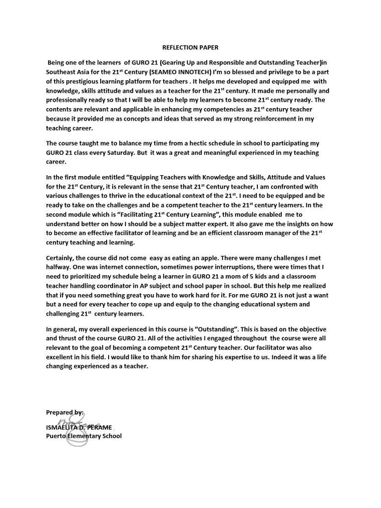 Refection Paper - PERAME | PDF | Teachers | Learning