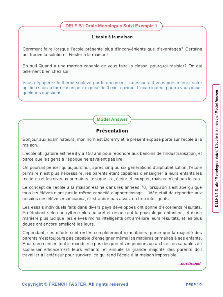 DELF B1 Production Orale Monologue Suivi Exemple 1 | PDF