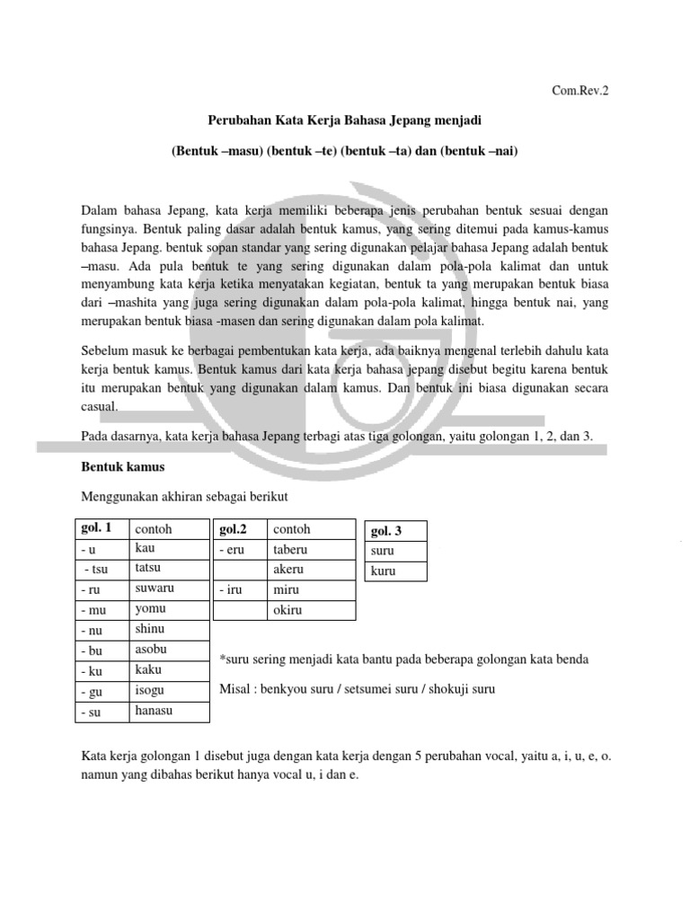 Perubahan Kata Kerja Bahasa Jepang Kamus - Masu - Te - Ta - Nai Ver.2 | PDF
