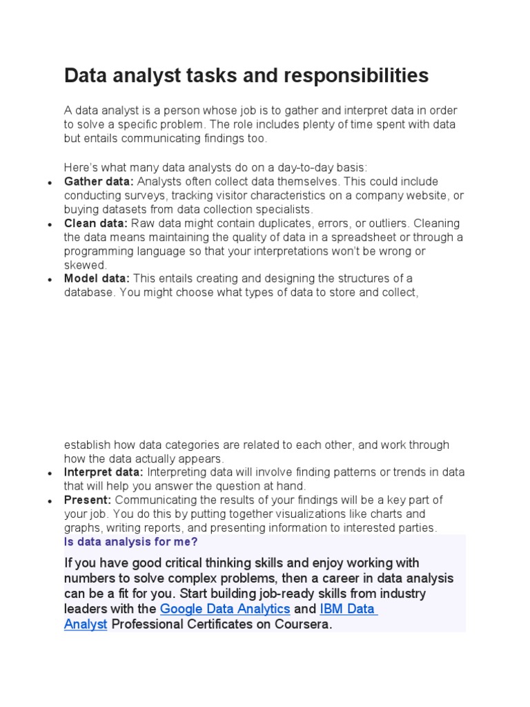 Data Analyst Tasks And Responsibilities Pdf