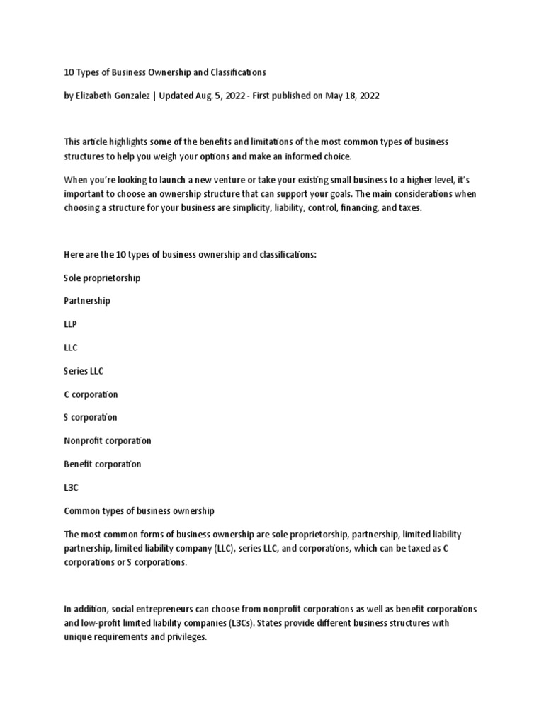 10 Types of Business Ownership Explained | PDF | Law | Limited ...