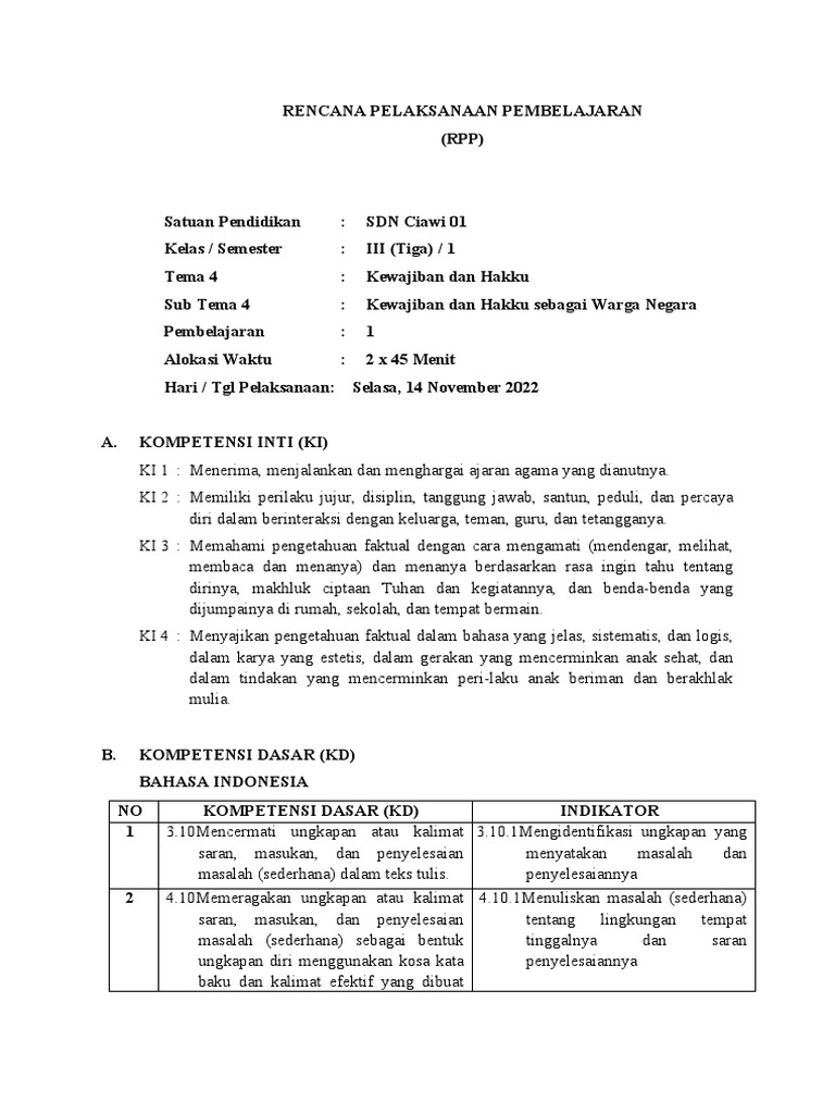 RPP Kelas 3 Tema 4 ST 4 | PDF