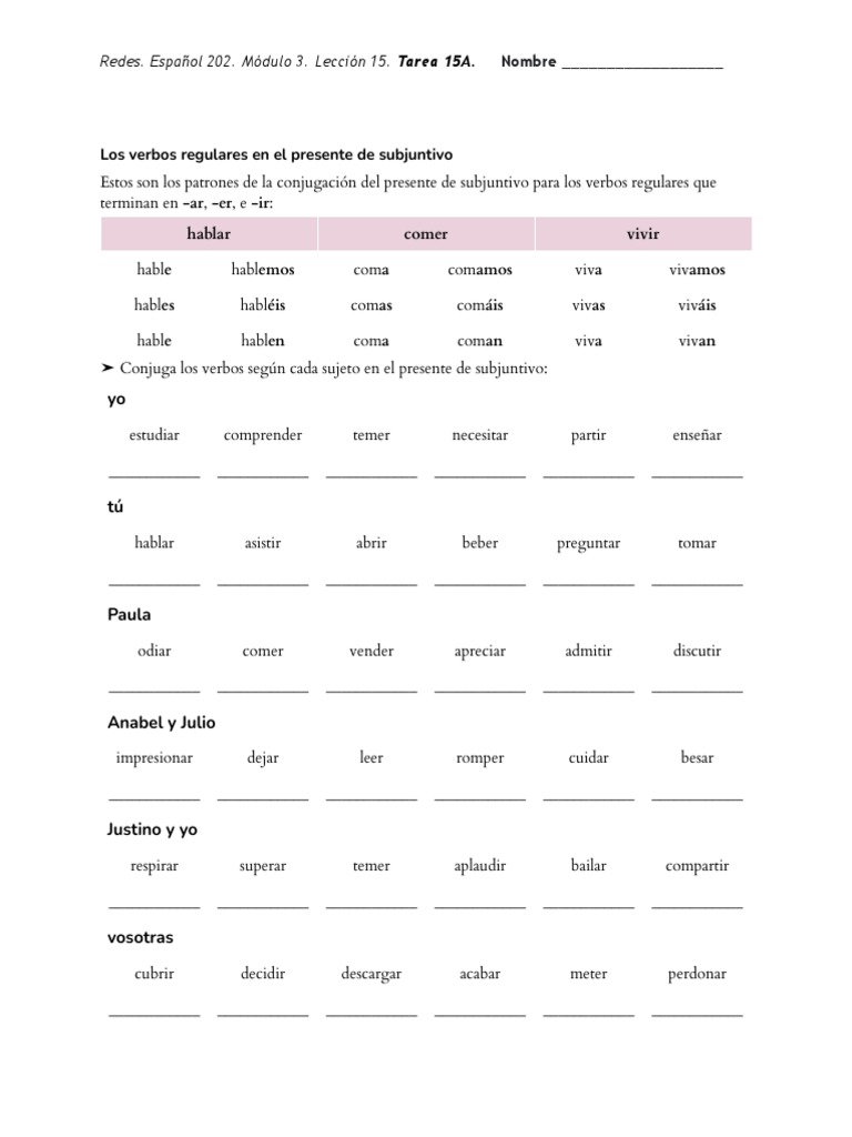 Verbos regulares en subjuntivo español | PDF | Mecánica del lenguaje ...