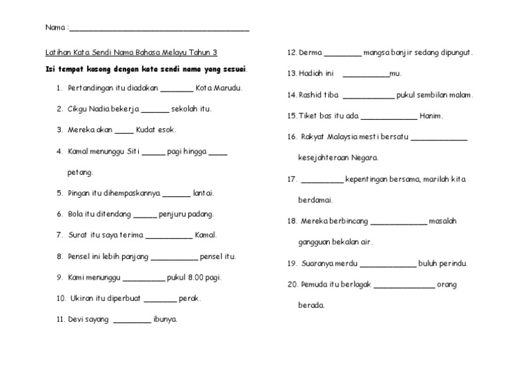 Latihan Kata Sendi Nama Bahasa Melayu Tahun 3 | PDF