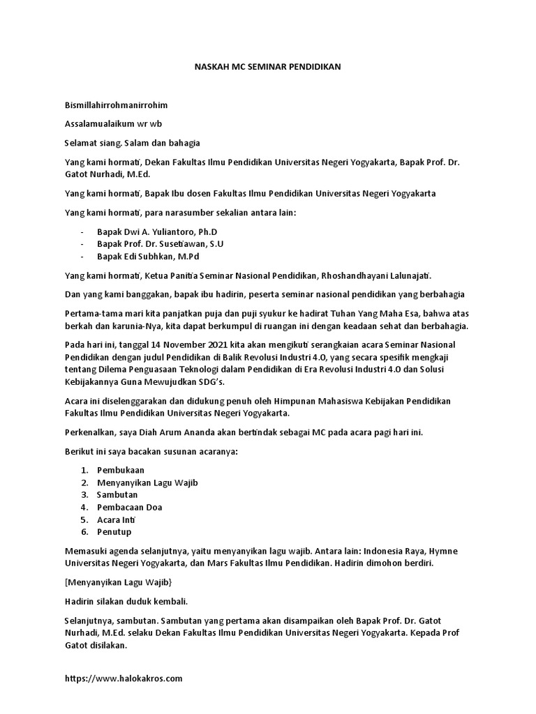 Naskah MC Seminar Pendidikan | PDF