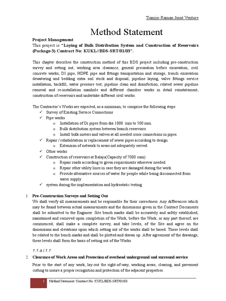 Method Statement of Pipeline Works | PDF
