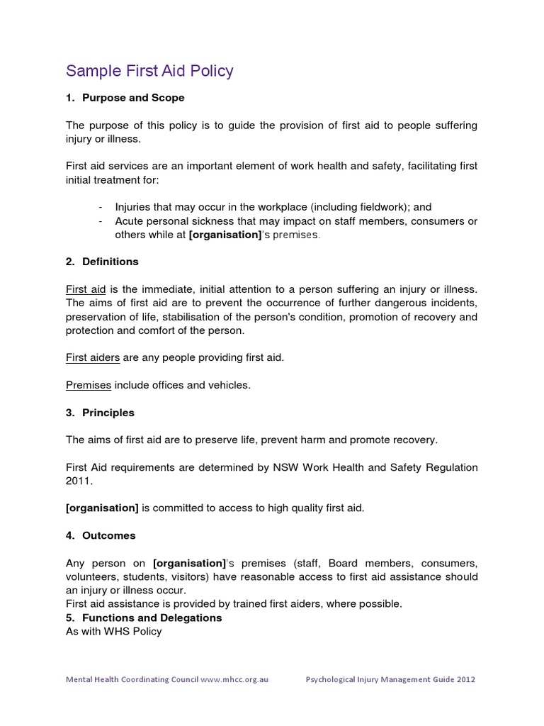 A Comprehensive First Aid Policy Outlining Procedures, Responsibilities ...