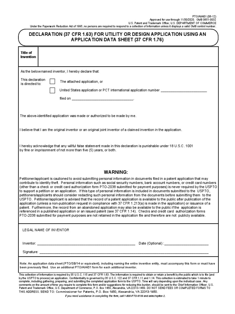 Declaration (37 CFR 1.63) For Utility or Design Application Using An ...