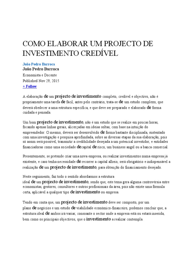 Como Elaborar Um Projecto de Investimento Credível | PDF