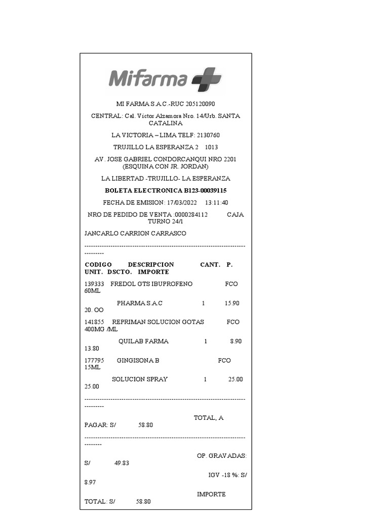 Boleta Electrónica de Mi Farma S.A.C. | PDF